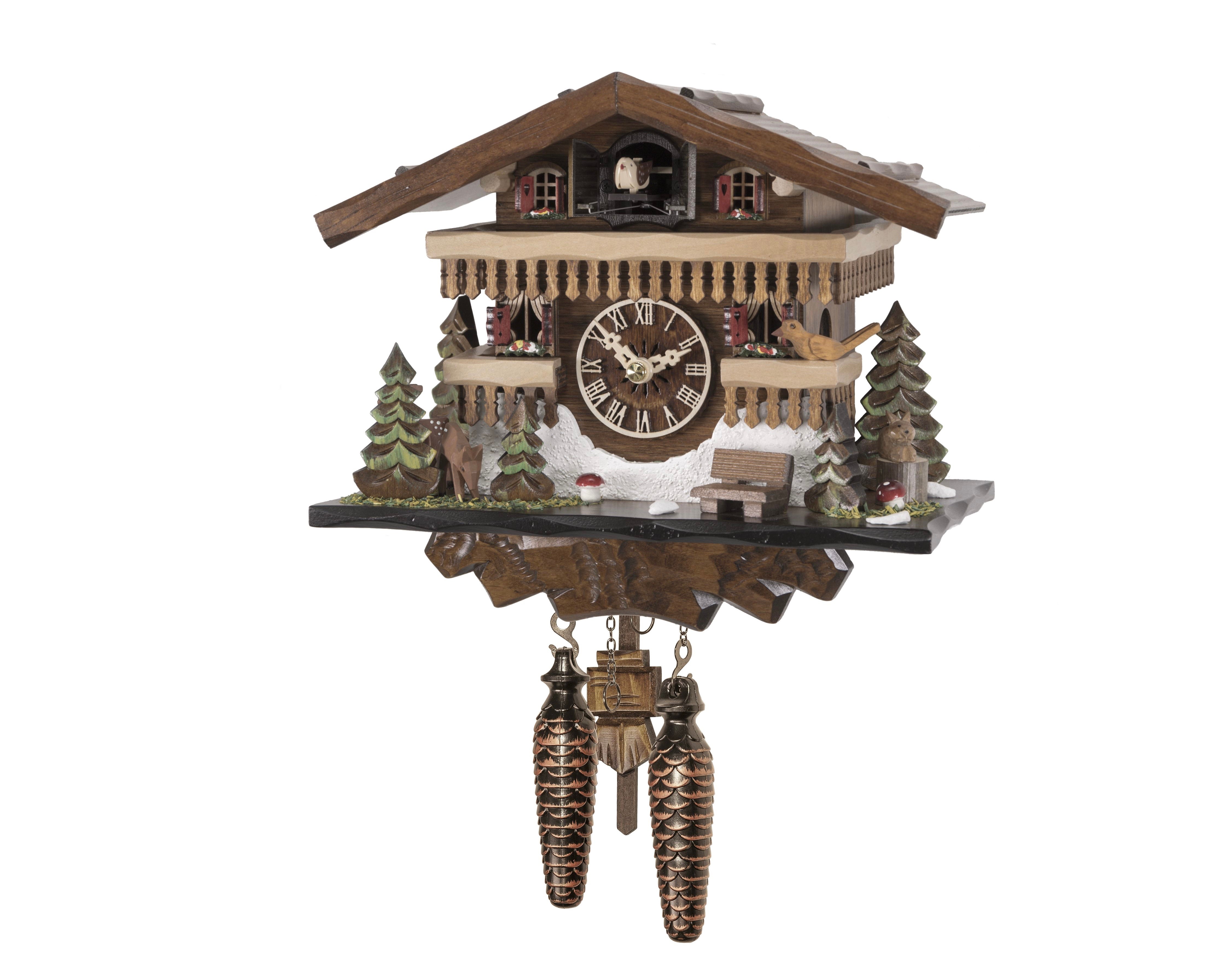 NEW - Quartz Chalet Cuckoo Clock with Carved Trees (with or without mu