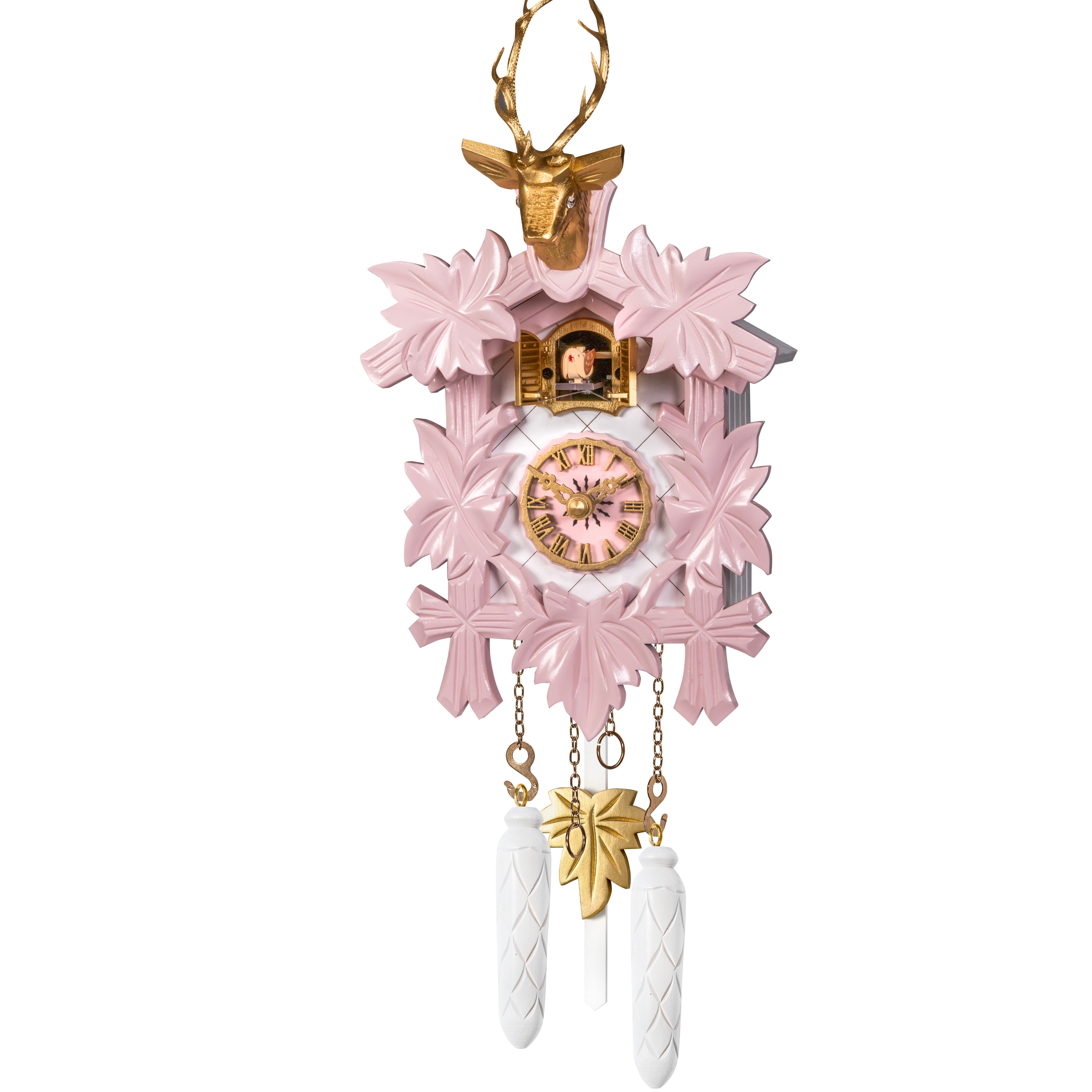 NEW - Quartz Modern Style Cuckoo with Stag Head in Pink and Gold (with