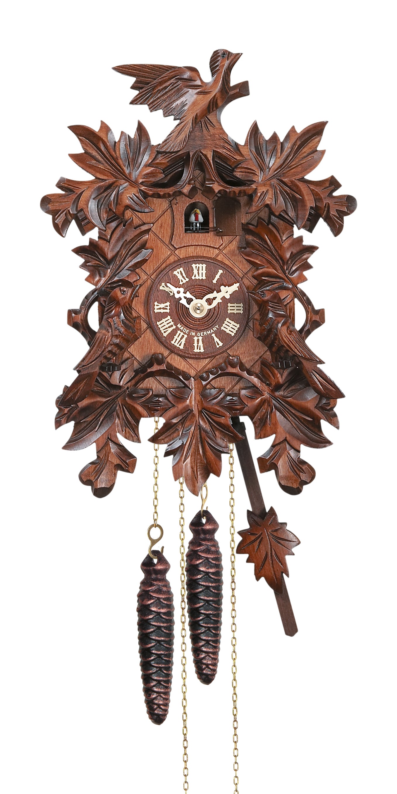 NEW - Quartz Traditional Three Bird Cuckoo Clock with Ornate Leaves (w