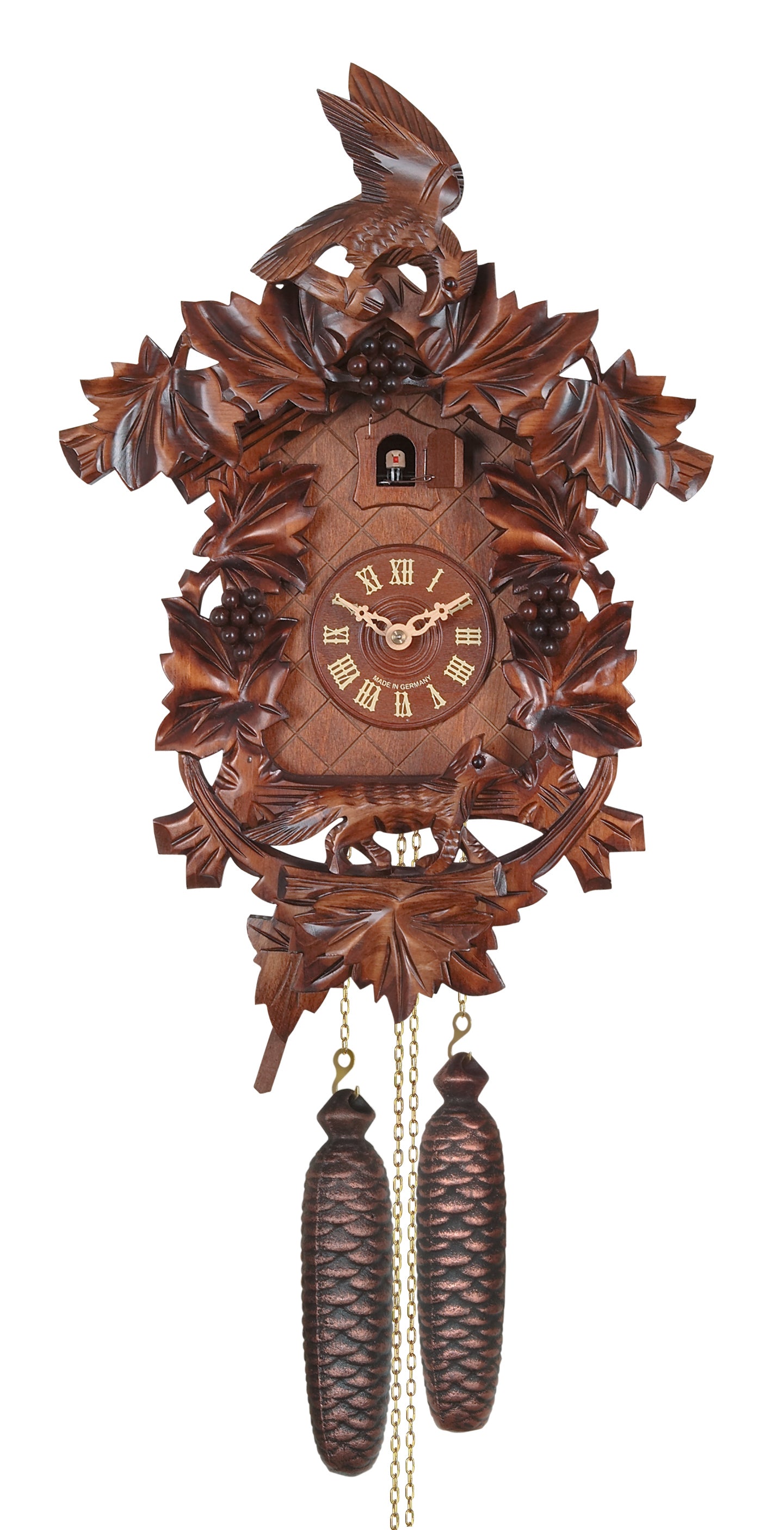 NEW - Quartz “Fox and Grapes”Cuckoo Clock with Ornate Carving (with or