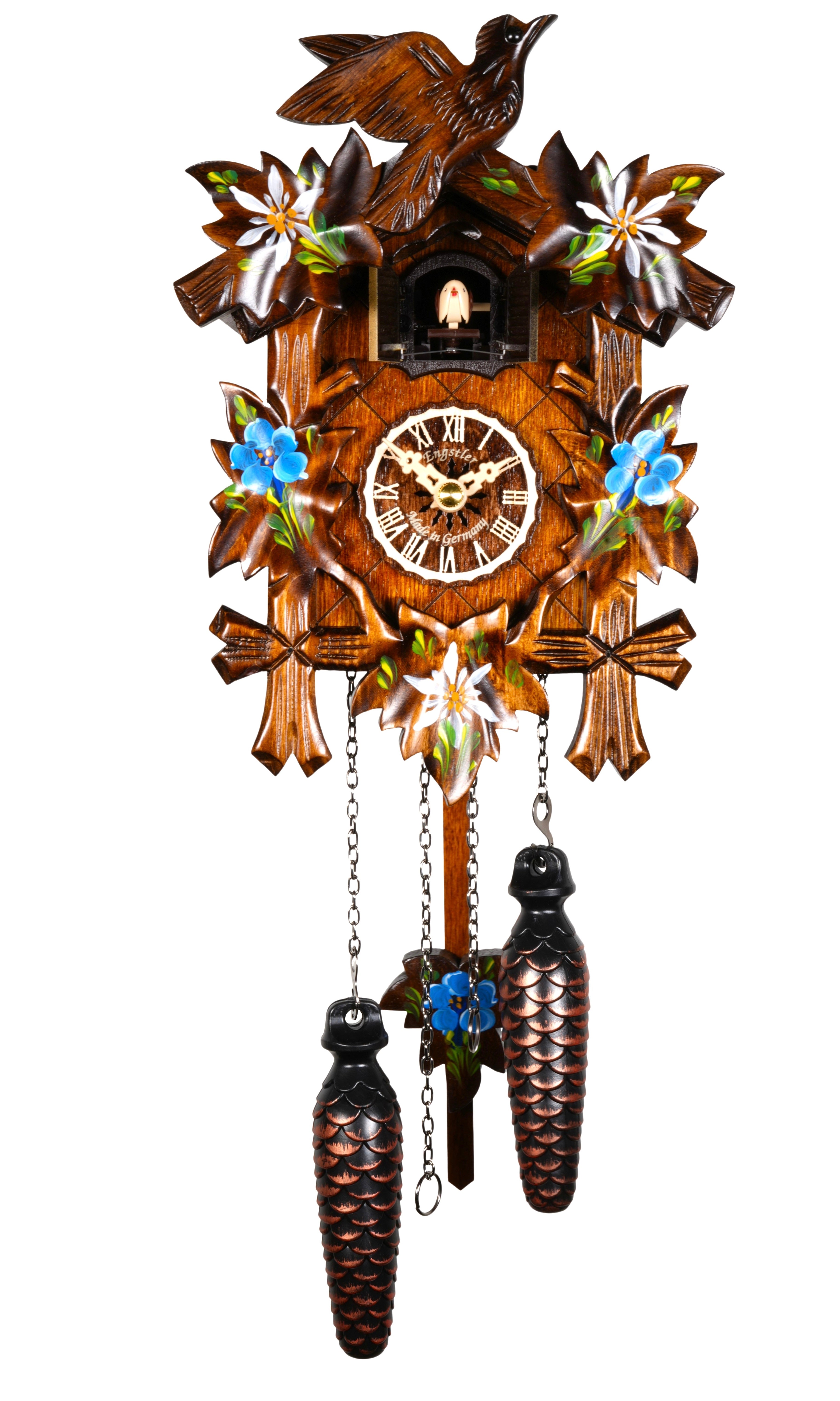 NEW - Quartz Traditional Cuckoo Clock with Handpainted Edelweiss Flowe
