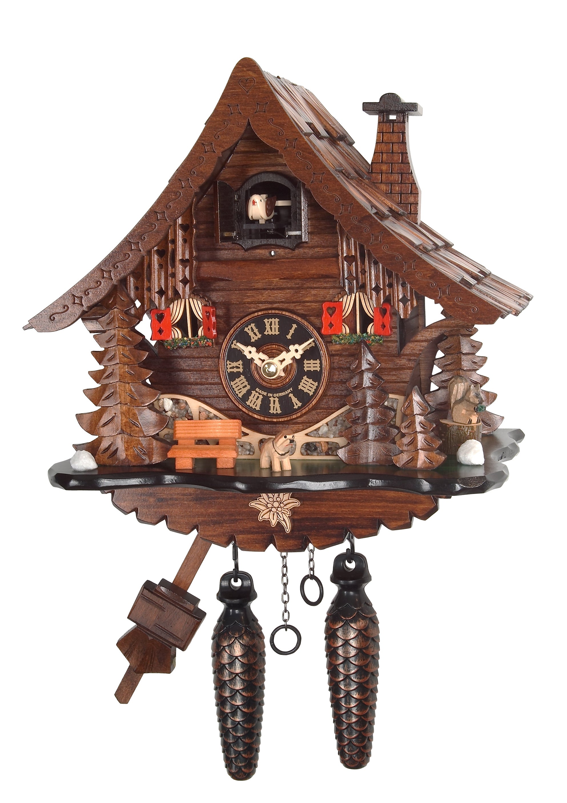 NEW - Quartz Chalet Style Cuckoo Clock with chimney and carved animals