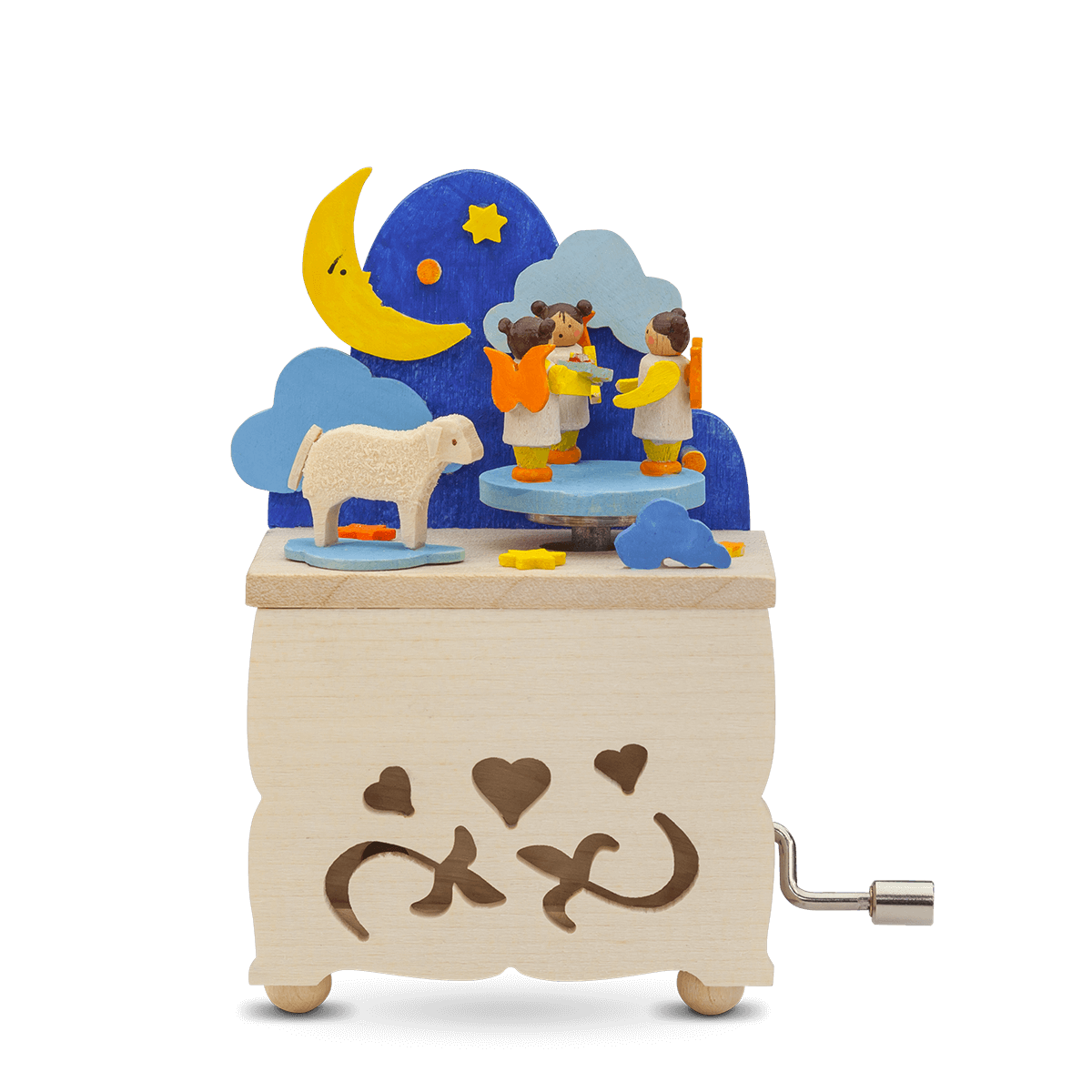 Handmade Wooden Crank Music Box - “Moon and Angels”